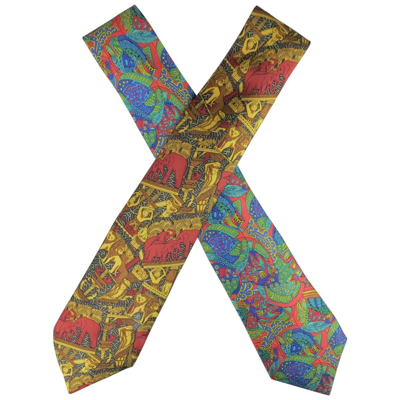 HERMES Paisley Fish, Lion and Elephant Safari Silk Tie Set at 1stdibs