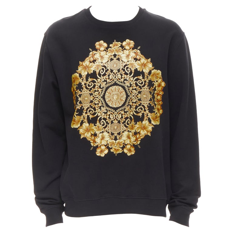 new VERSACE black gold Barocco Hibiscus Medusa cotton pullover sweater ...