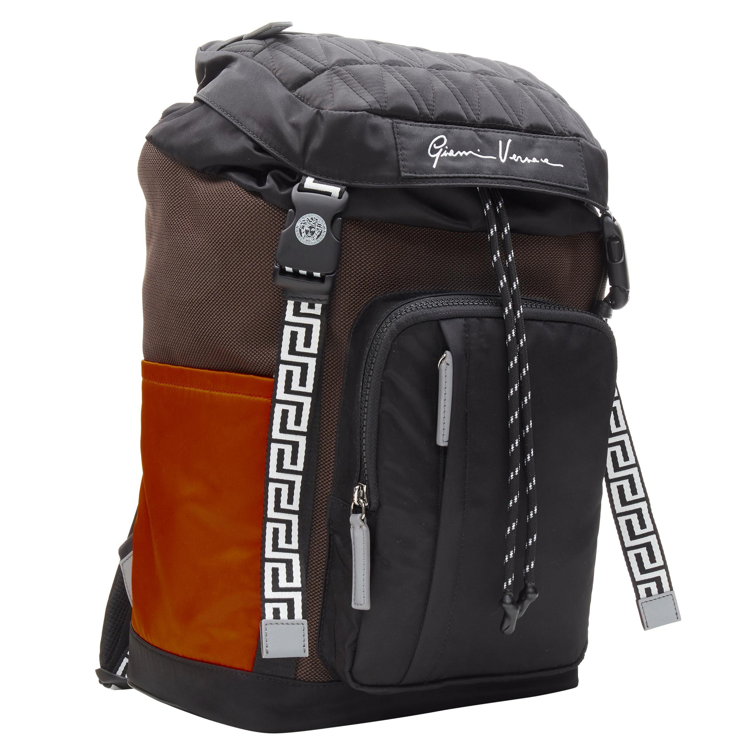 new VERSACE V Code Gianni Signature black orange nylon Greca backpack ...