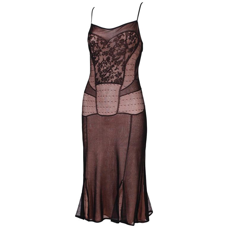 John Galliano For Christian Dior Black Mesh Bias Cut Cocktail Dress At