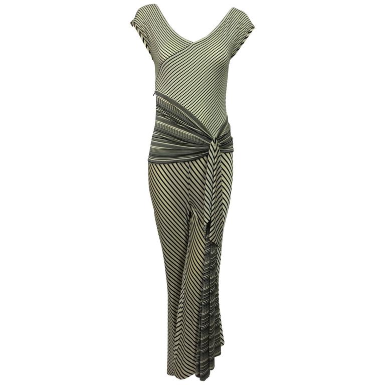 Vintage Jiki Monte Carlo Body Con Striped Asymmetrical Hem Jumpsuit
