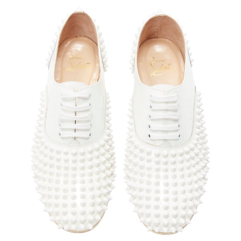 CHRISTIAN LOUBOUTIN Freddy Flat white patent spike studded brogue ...
