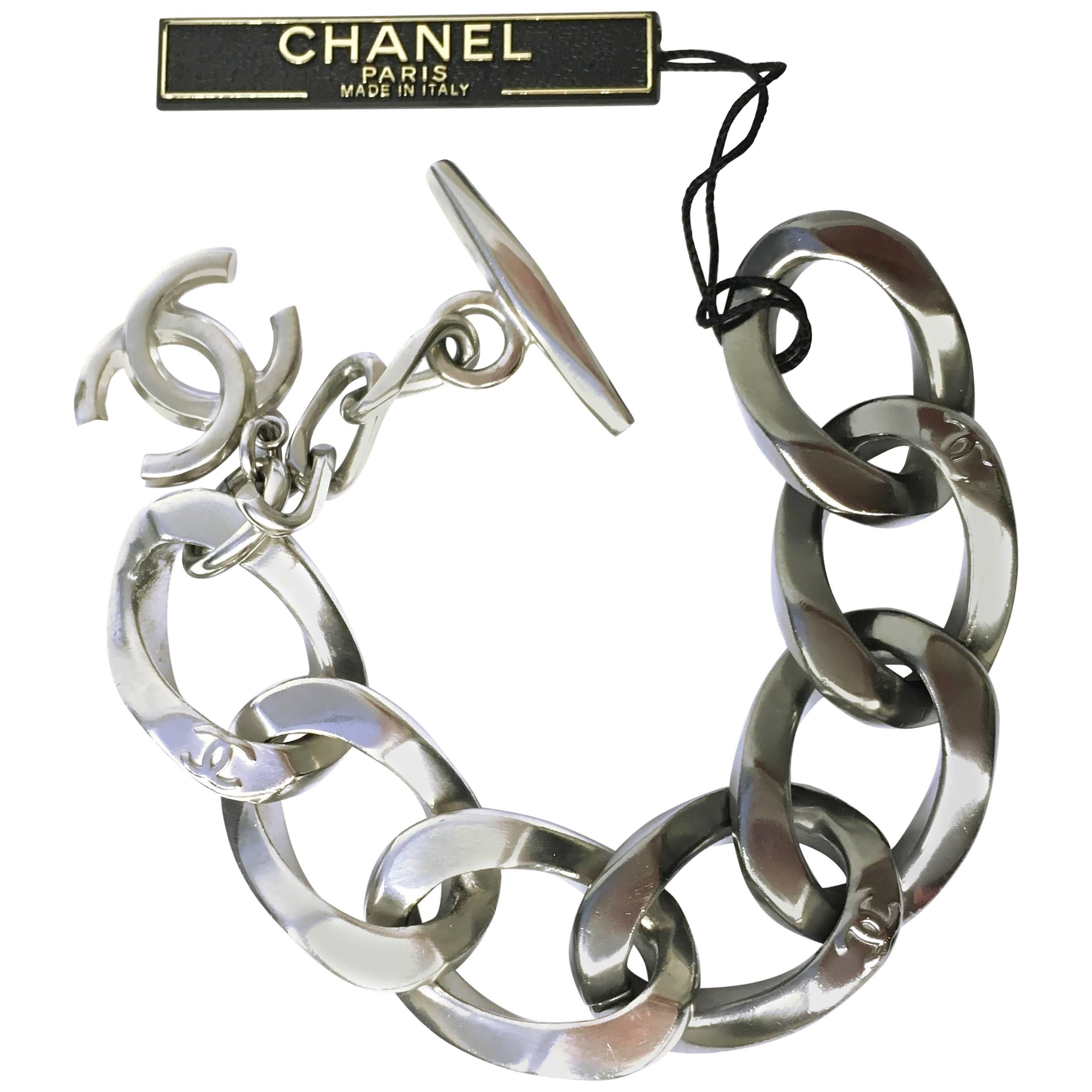 CHANEL 13K Chunky Chain CC Link Two Tone Metal Bracelet at 1stDibs ...
