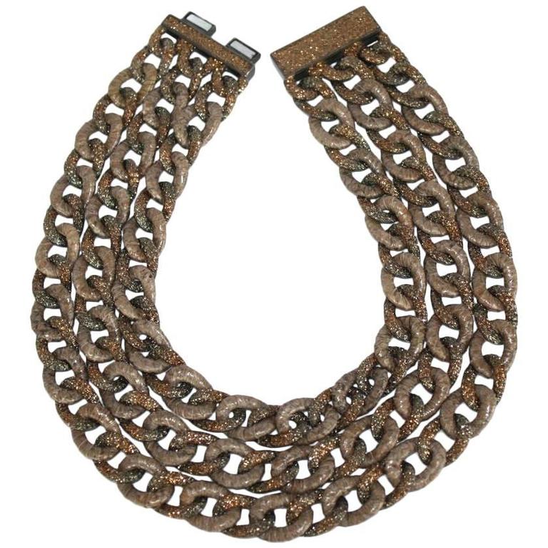 KMO Paris Taupe Leather and Silver Powder Multi Strand Chain Necklace ...