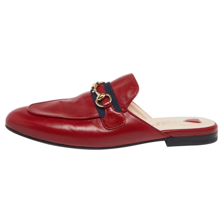 Gucci Red Leather Horsebit Web Princetown Mules Size 38 at 1stDibs