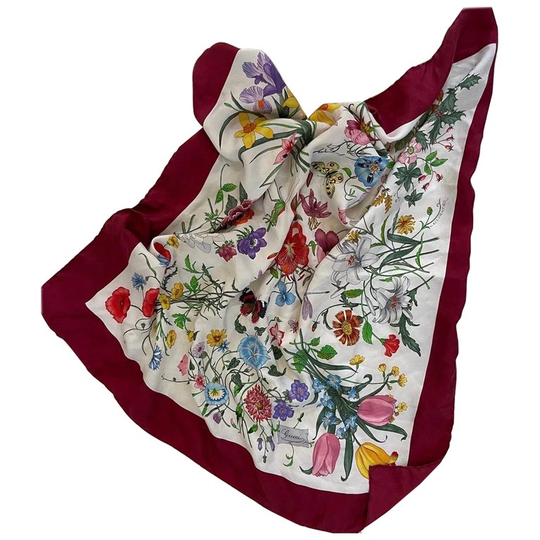 Vintage 1980s Gucci Flora Pattern Silk Scarf with Burgundy Boarding at ...