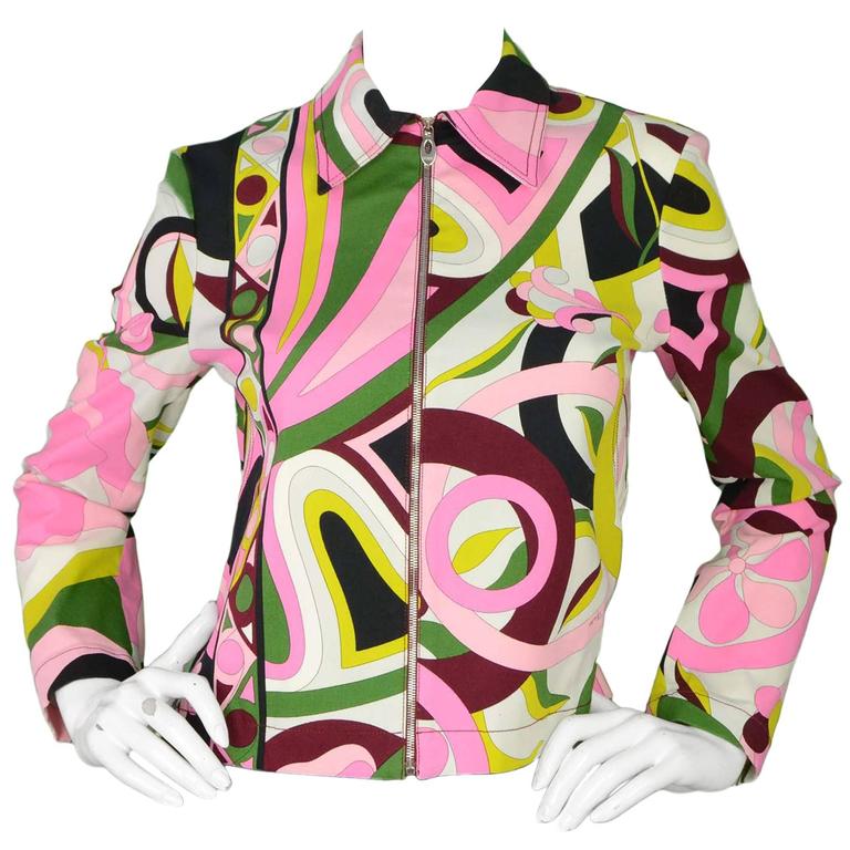 Emilio Pucci Multi-Color Printed Cotton Jacket sz 8 For Sale at 1stDibs
