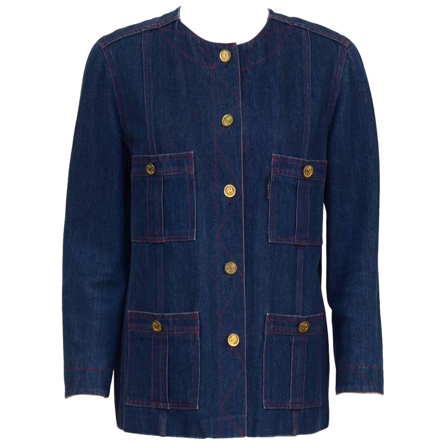 1980's Chanel Collarless Denim Jacket For Sale at 1stdibs