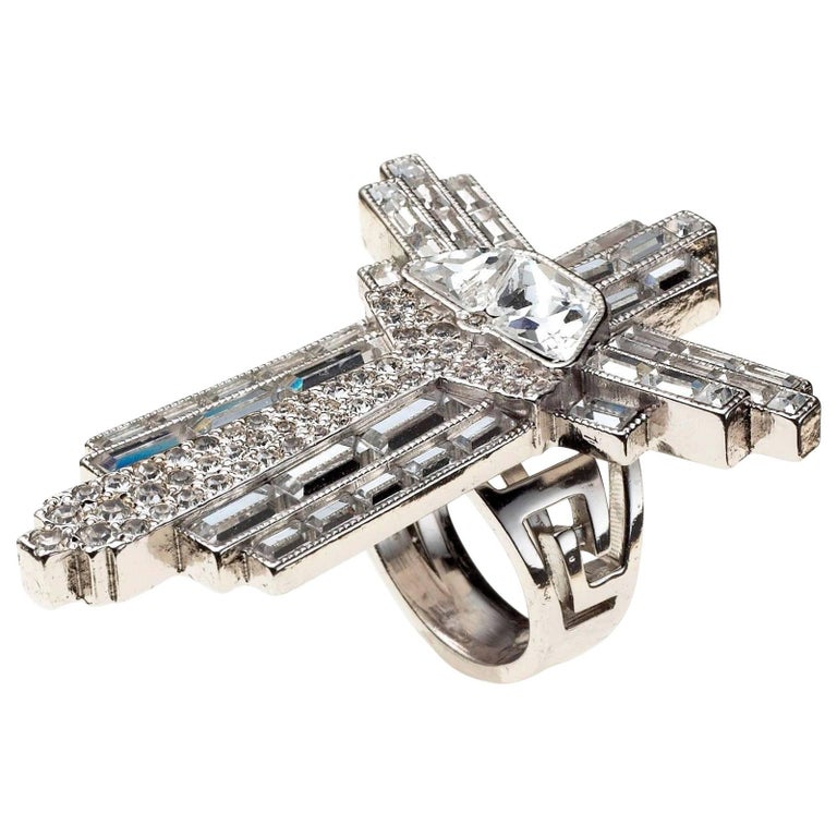 VERSACE Oversized Graphic Cross Ring with Crystals For Sale at 1stDibs