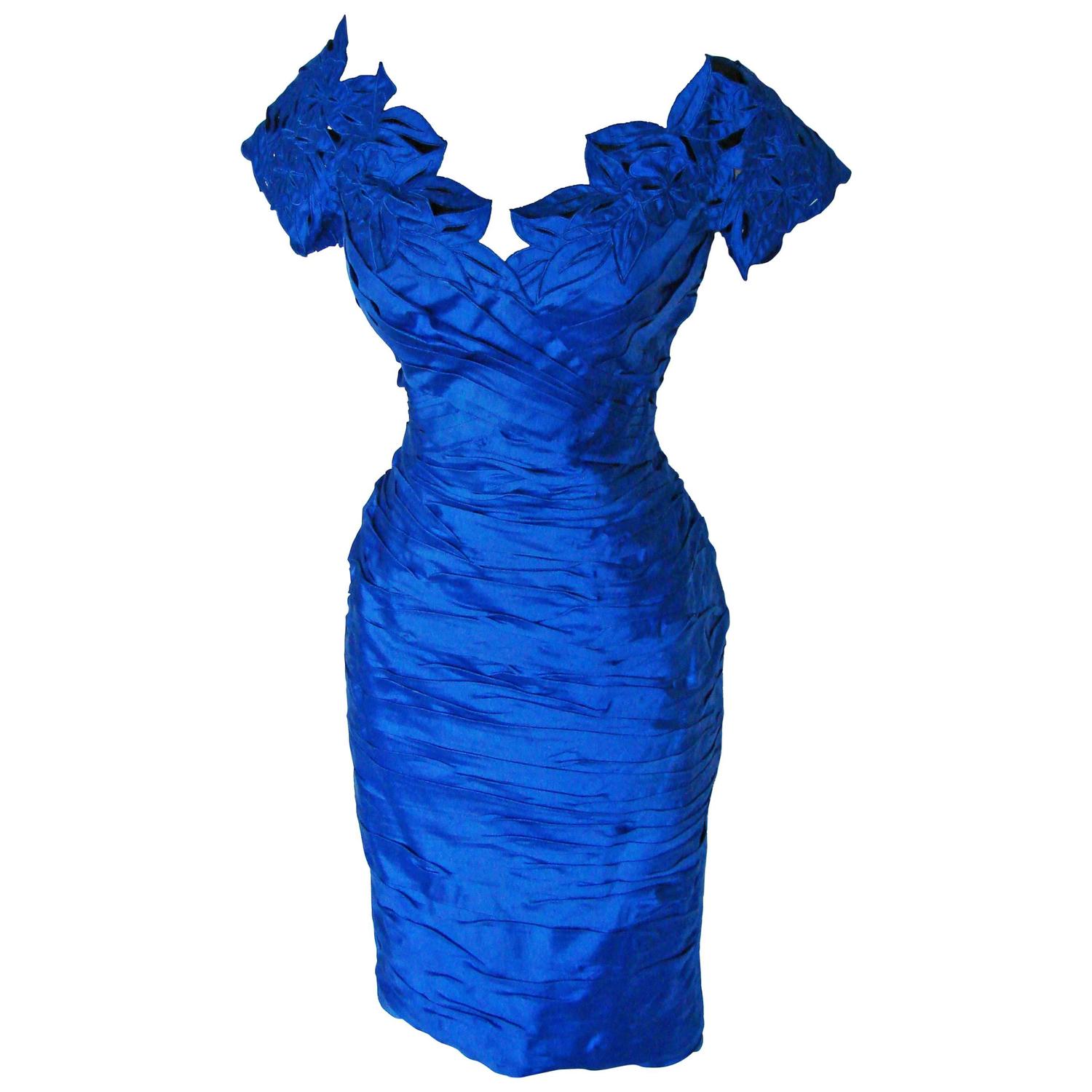 Khanitha Blue Thai Silk Dress Floral Cutout with Ruching Bodycon Saks ...