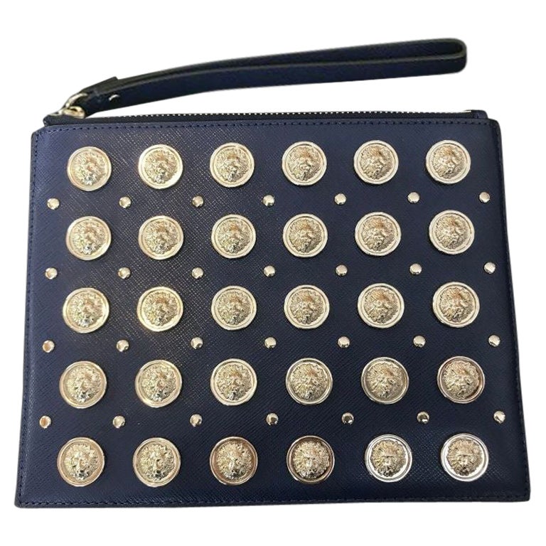 Versus Versace Blue All Over Silver Logo Embellishments Clutch Leather ...