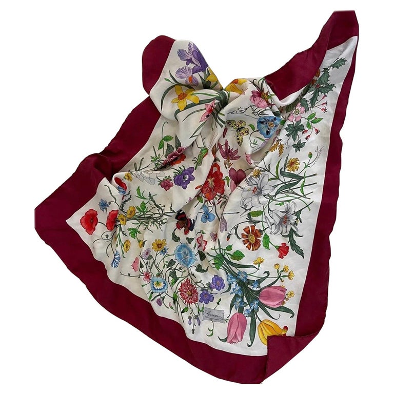Vintage 1980s Gucci Flora Pattern Silk Scarf with Burgundy Boarding at ...