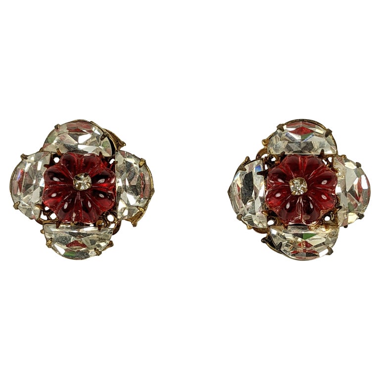 Miriam Haskell Ruby Melon Bead Gripoix Glass Earclips For Sale at 1stDibs