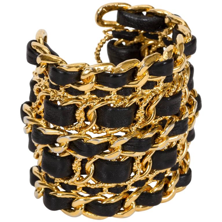 Chanel Rare 1980's Oversized Leather Chain Cuff Bracelet at 1stDibs
