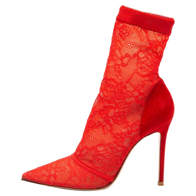 Pre-Loved Gianvito Rossi Women's Sock Ankle Boots Red Lace And Suede For Sale at 1stDibs