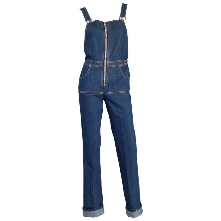 Dead Stock 1970s High Waisted Zip Front Denim Overalls at 1stDibs