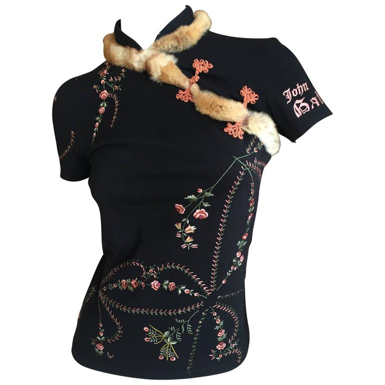 John Galliano Fur Trim Cheosam Top at 1stDibs