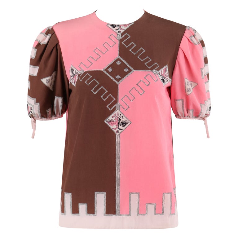 EMILIO PUCCI c.1970 Pink Brown Silk Puff Sleeve Colorblock Blouse For ...