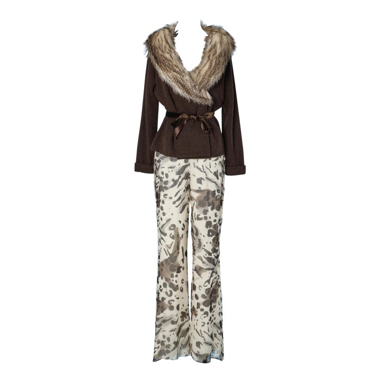 Brown cashmere and furs cardigan with chiffon printed trousers Heidi ...