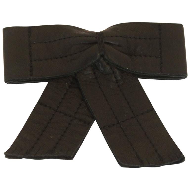 Chanel Black Leather Bow Pin - Circa Late 70's at 1stDibs