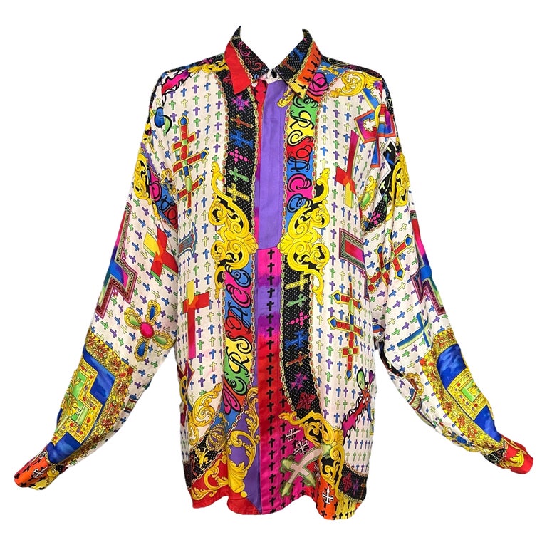 Gianni Versace Rainbow Crosses Baroque Crucifix Mardi Gras Silk Shirt ...