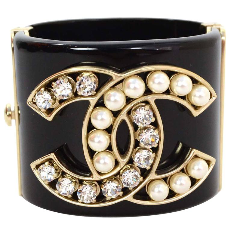 Chanel Crystal and Pearl CC Cuff Bracelet GHW For Sale at 1stDibs