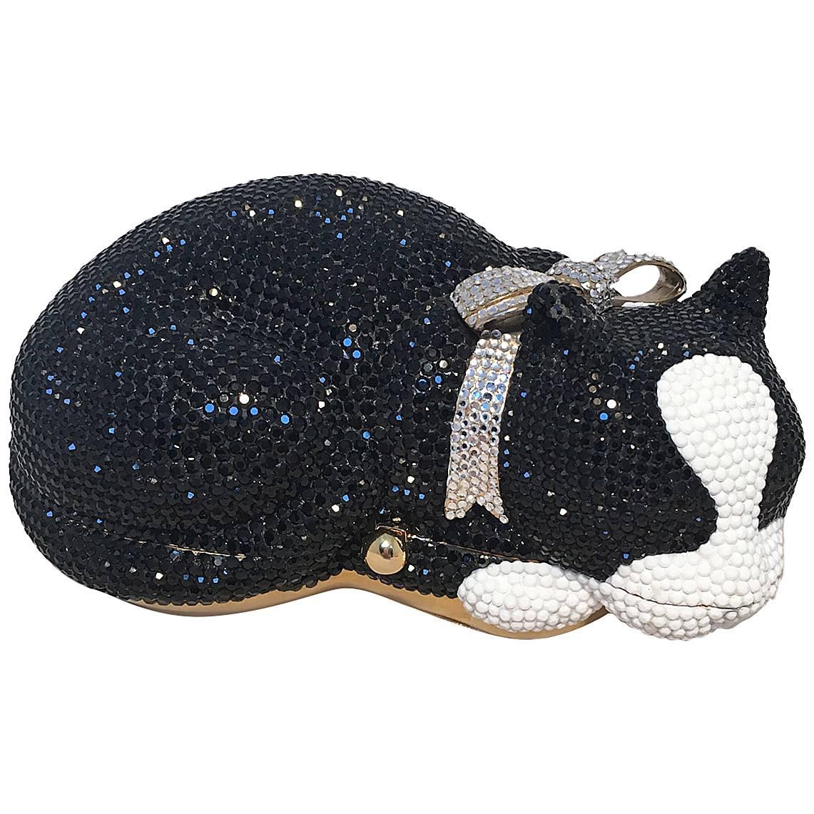 Judith Leiber Black and White Swarovski Crystal Cat Minaudiere at 1stDibs