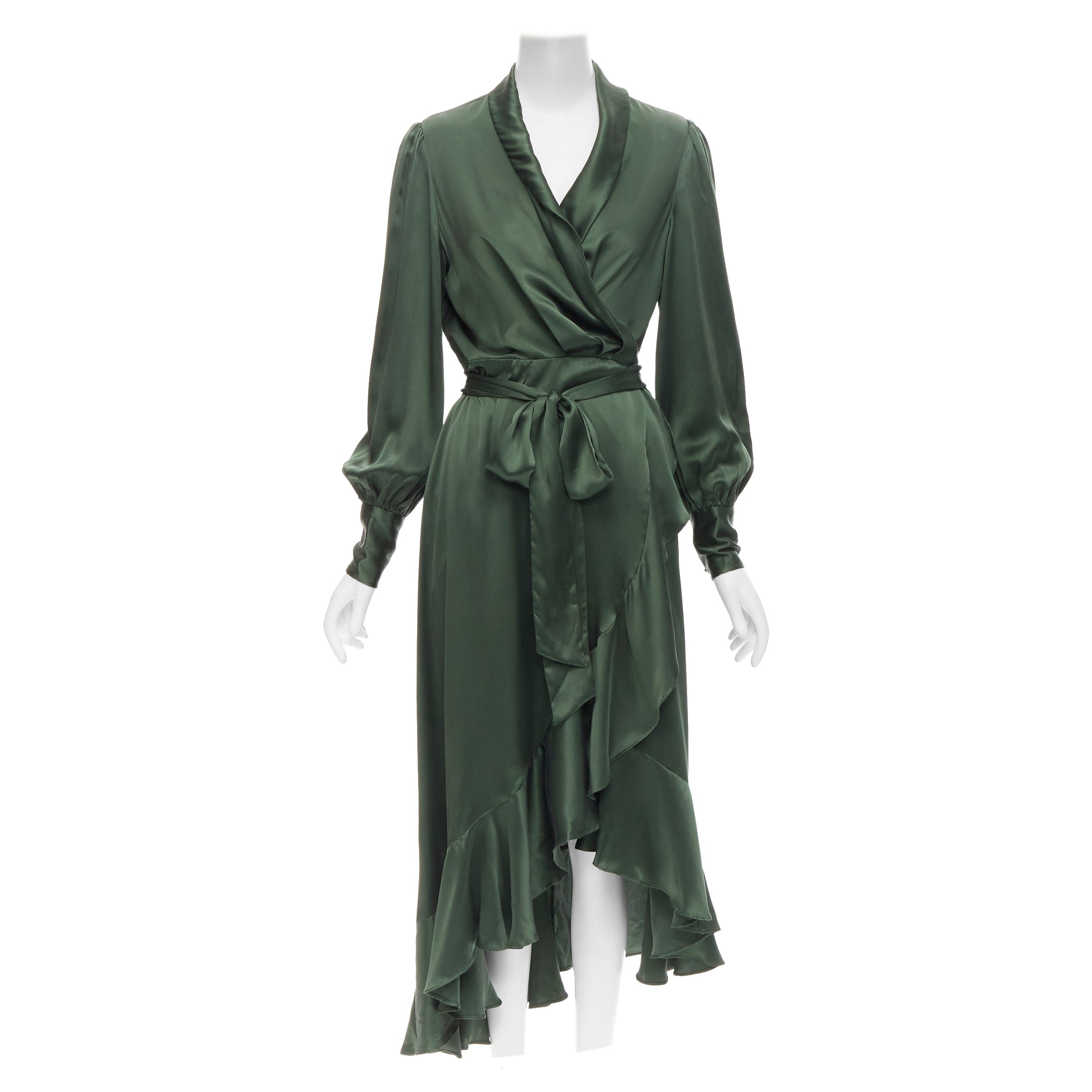 ZIMMERMANN 100% silk dark green ruffle wrap dress JP1 S at 1stDibs ...