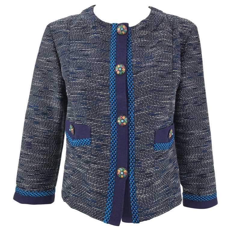 Etro Blue and White Cotton Blend Cropped Tweed Jacket with Enamel ...