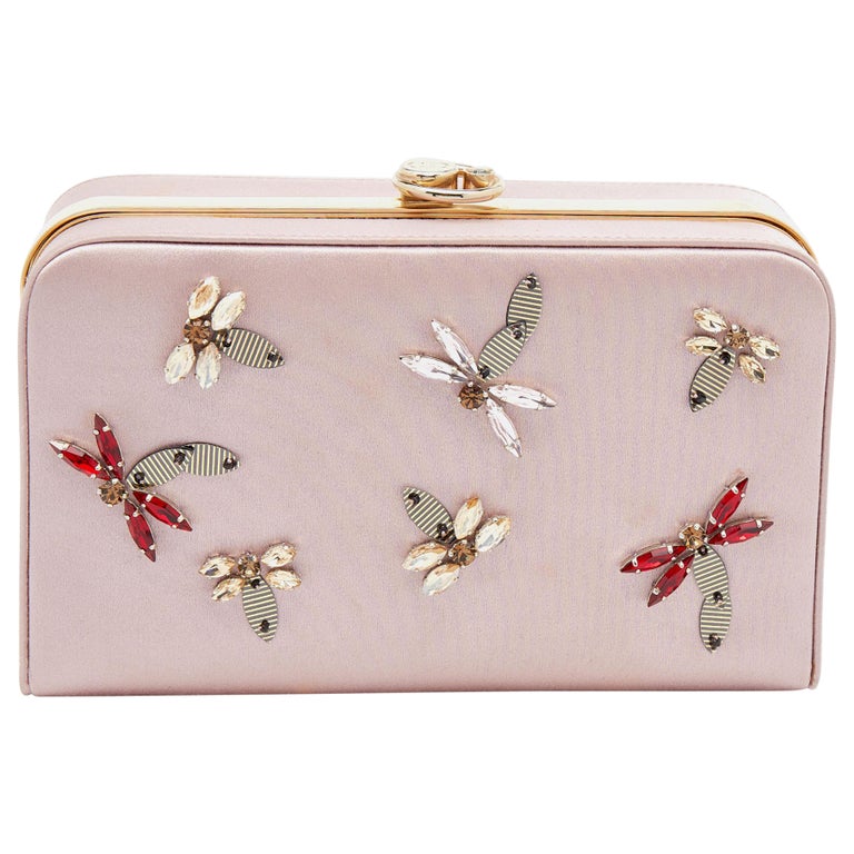 Dior Pink Satin Bee Crystal Embellished Clutch at 1stDibs
