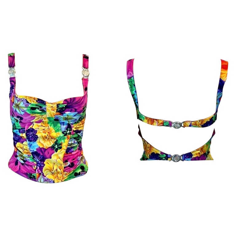Versace S/S 2005 Embellished Logo Buckles Floral Print Cutout Back Crop ...