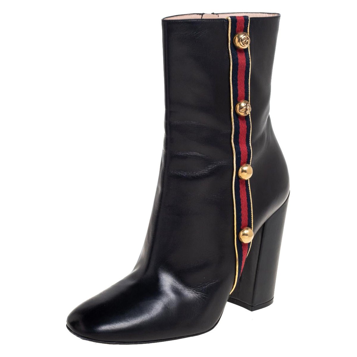 Gucci Black Leather Embellished Web Detail Ankle Length Boots Size 41 ...