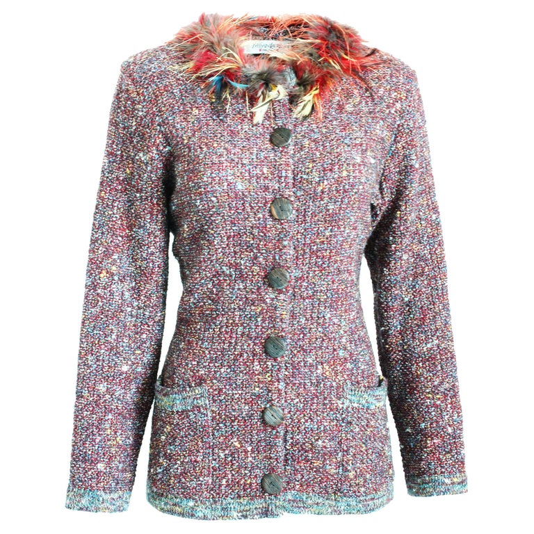 Yves Saint Laurent Cardigan Colourful Knit Feather Trim 90s YSL Rive ...