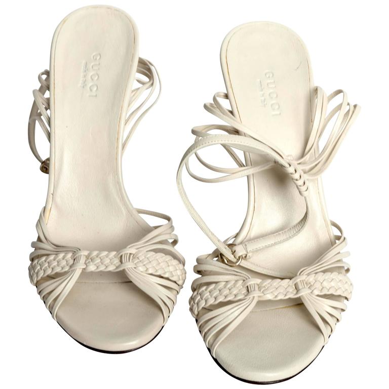 Gucci Off White Braided Leather Ankle Strap Sandals at 1stDibs
