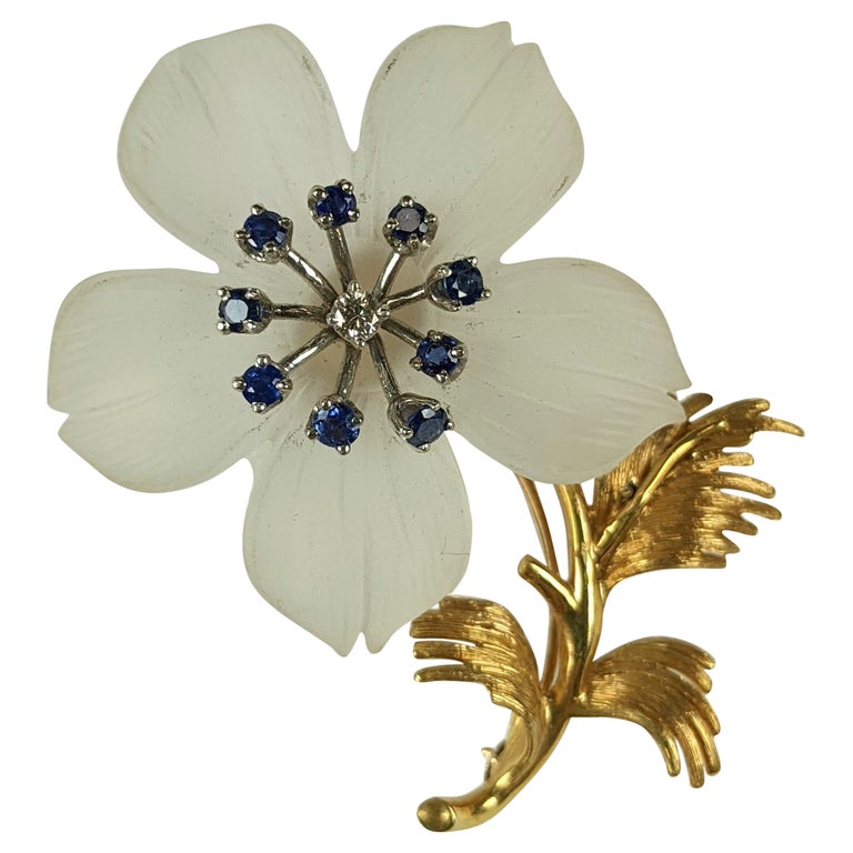 Elegant Rock Crystal Sapphire Diamond Flower Brooch For Sale at 1stDibs