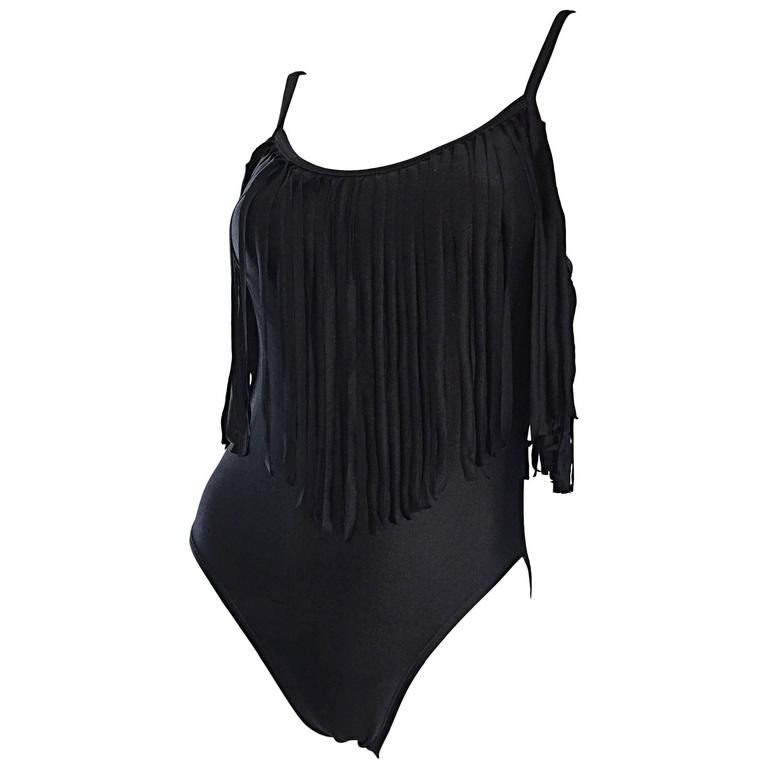 Oscar De La Renta Vintage Black Fringed One Piece Swimsuit Bodysuit