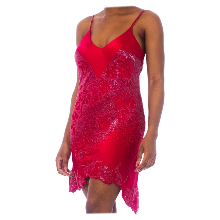 2000S ROBERTO CAVALLI Cranberry Red Beaded Silk Charmeuse Bias Cut Slip ...
