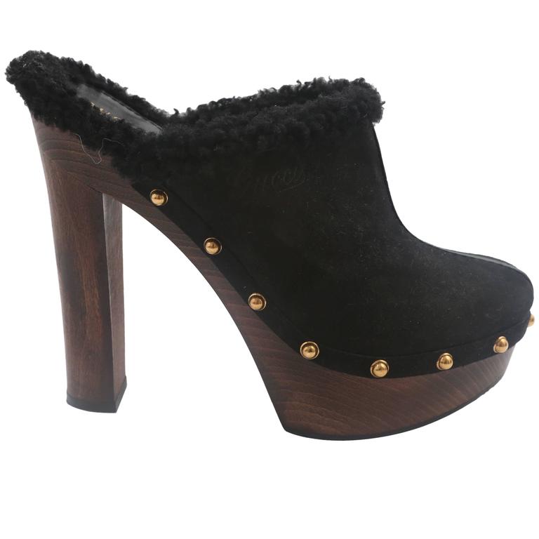Gucci Faux Fur Clogs W/ Gold Stud Detail For Sale at 1stDibs