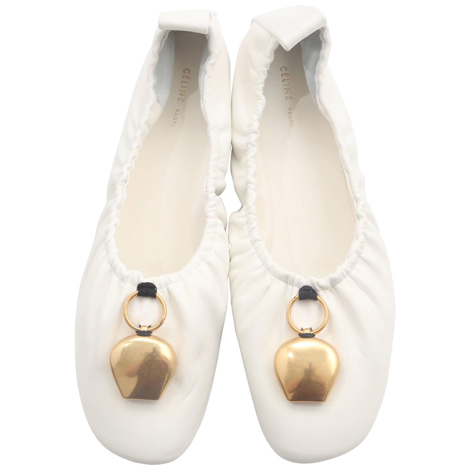 Celine White Leather Flats W/ Gold Detail For Sale at 1stdibs