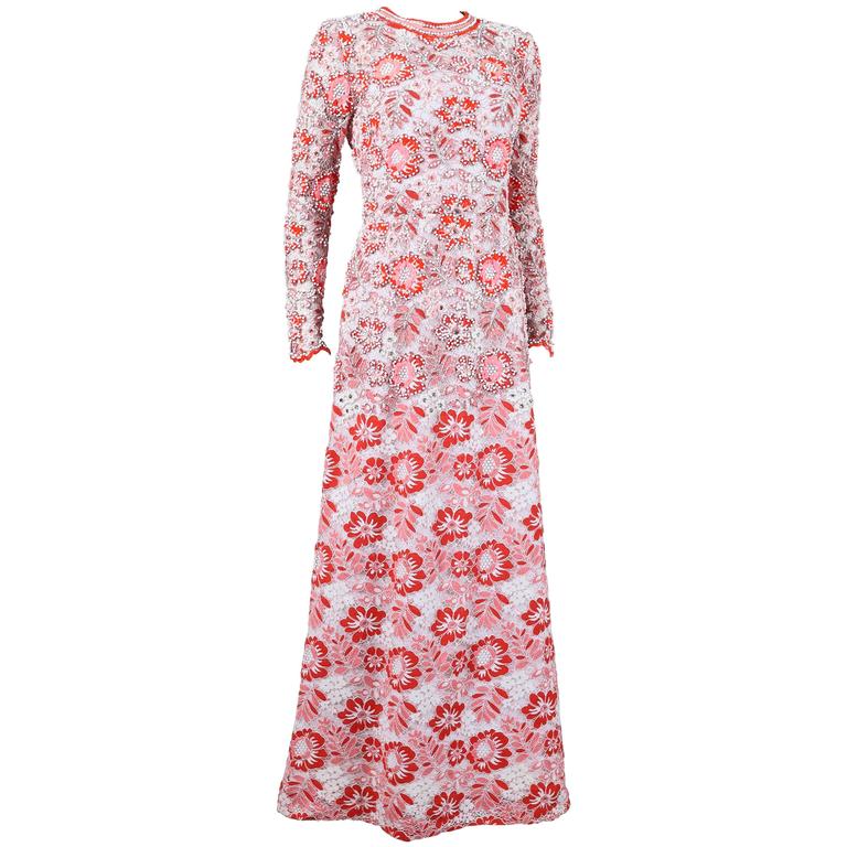 Robe de soirée haute couture Harry Algo en dentelle corail ornée ...