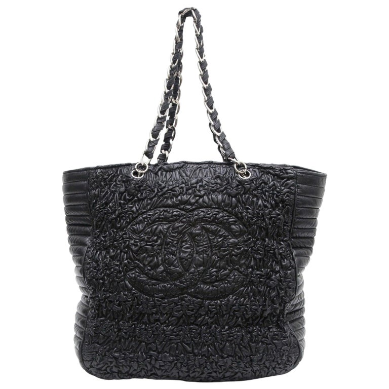 CHANEL Black Lambskin Leather Tote Bag Large Silver Chain Ruched LTD ...