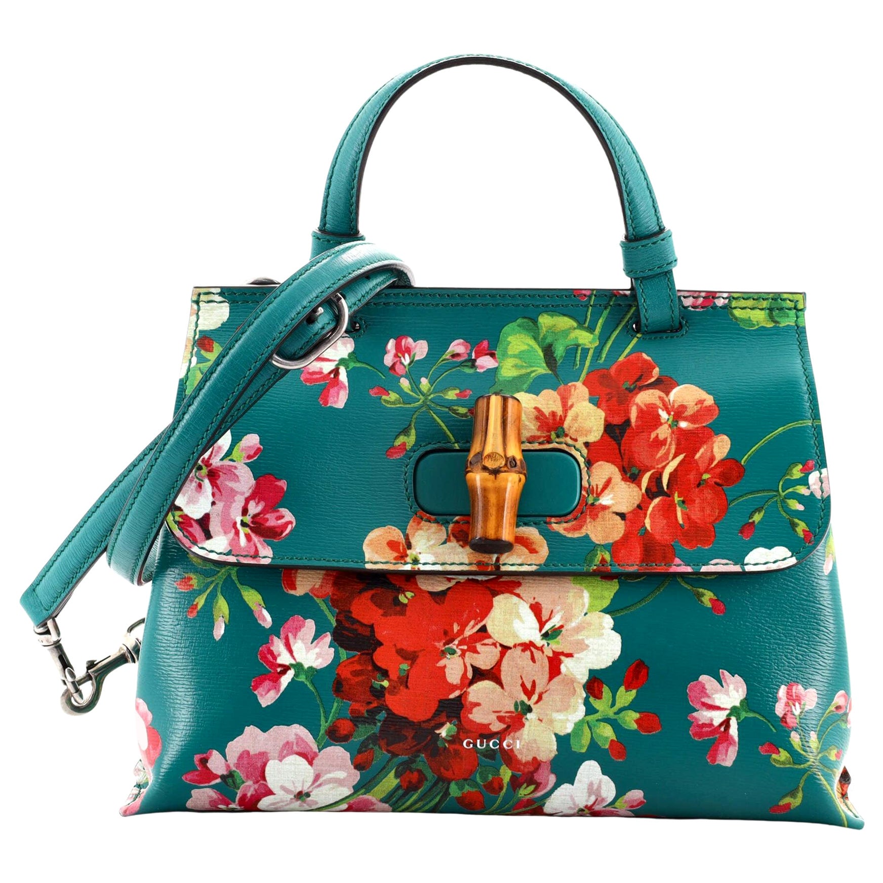 Gucci Blue Floral Embroidered Leather Medium Sylvie Top Handle Bag at ...