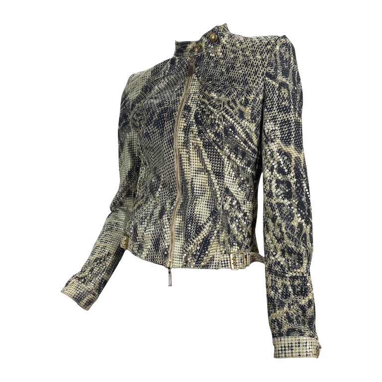 Vintage Roberto Cavalli Snake Print Biker Jacket Small For Sale at 1stDibs