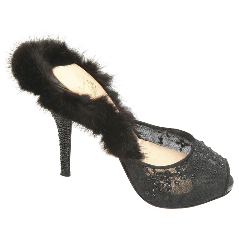 CHRISTIAN LOUBOUTIN Mule noire NUTRIA 120 fourrure cristaux dentelle en ...