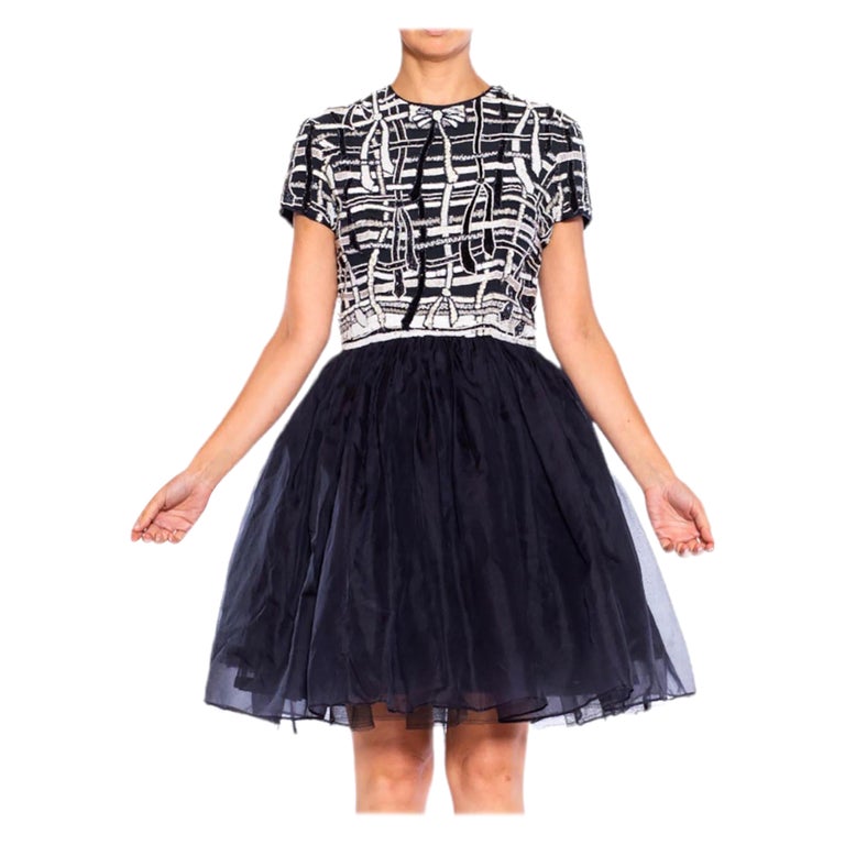 1980S Navy Blue Silk Mini Cocktail Dress Beaded With Ribbons For Sale ...