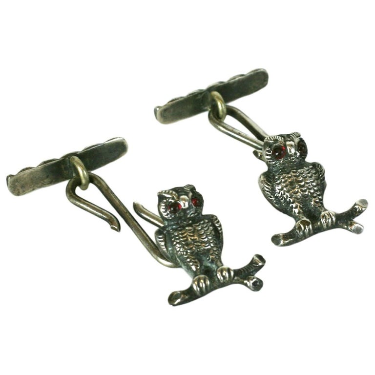 Victorian Figural Sterling Silver Wise Owl Cufflinks For Sale at 1stDibs
