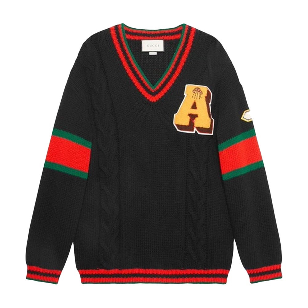 Gucci Red Blue Cotton V Neck Classic Sweater at 1stDibs