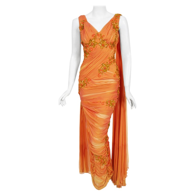 Vintage 1950s Orange Beaded Appliqué Ruched Chiffon Hourglass Old ...