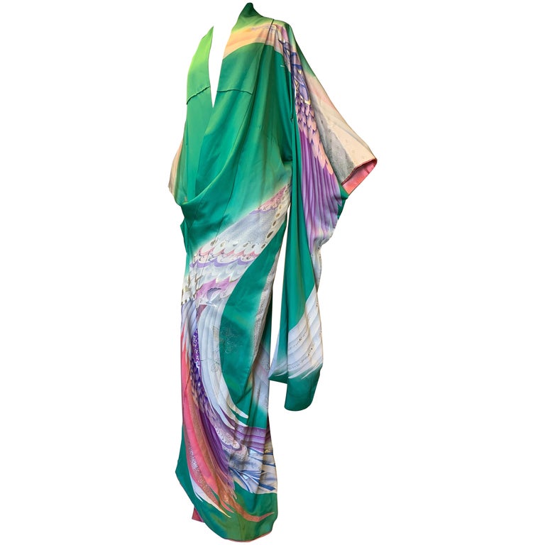 Vintage Kimono Jade Green Silk w Dramatic Airbrushed Wing Motif in ...