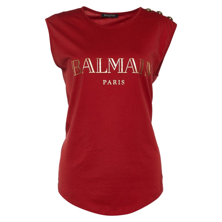 Balmain Red Logo Print Cotton Button Detail Sleeveless T-Shirt M at 1stDibs